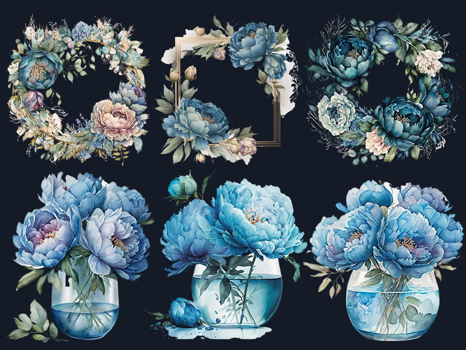 20 PNG Watercolor Blue Peonies Clipart, Blue & Navy Peony Clip Art ...
