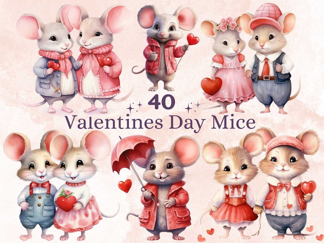 40 PNG Watercolor Valentine's Day Mice Clipart, Lovely Valentines Day ...