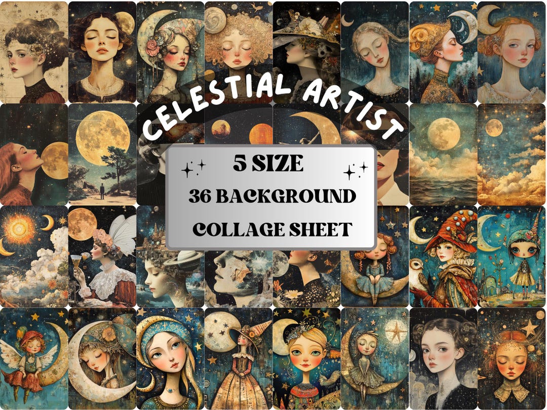 Whimsy Celestial Artist Collage Paper, Vintage Surreal Mixed Media ...