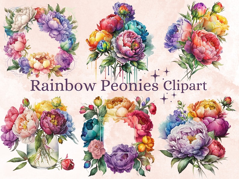 22 PNG Watercolor Rainbow Peonies Clipart, Colorful Peony Clip Art ...