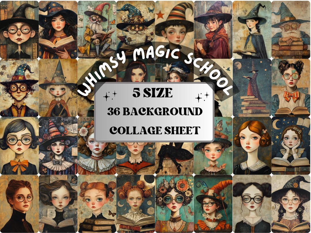 Magic School Collage Paper Kit, Surreal Wizard Mixed Media Sheet ...