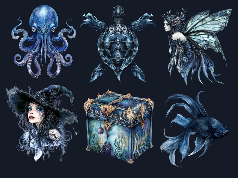 40 PNG Watercolor Gothic Underwater Clipart, Creepy Ocean Clip Art ...