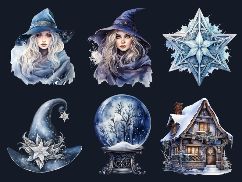 40 PNG Watercolor Winter Witch Clipart, Snow Forest Witchcraft ...