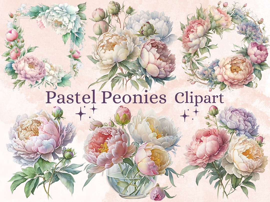 18 PNG Watercolour Pastel Peonies Clipart, Peony Clip Art Bundle, Pink ...