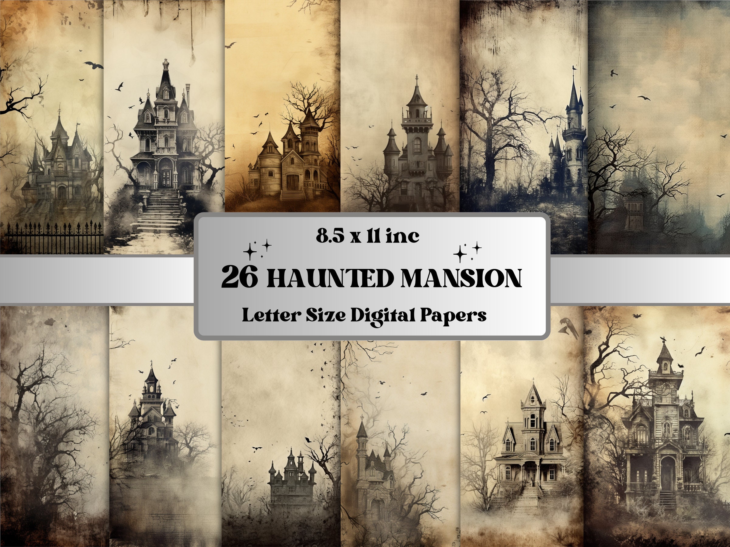 Printable Haunted Mansion Digital Paper, Spooky Halloween Ephemera ...