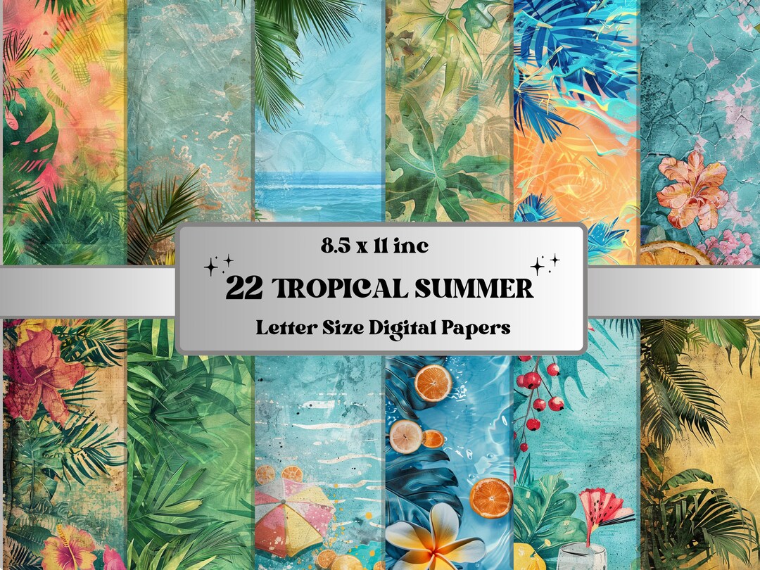 Printable Tropical Summer Digital Paper, Beach Palms Collage, Coastal ...