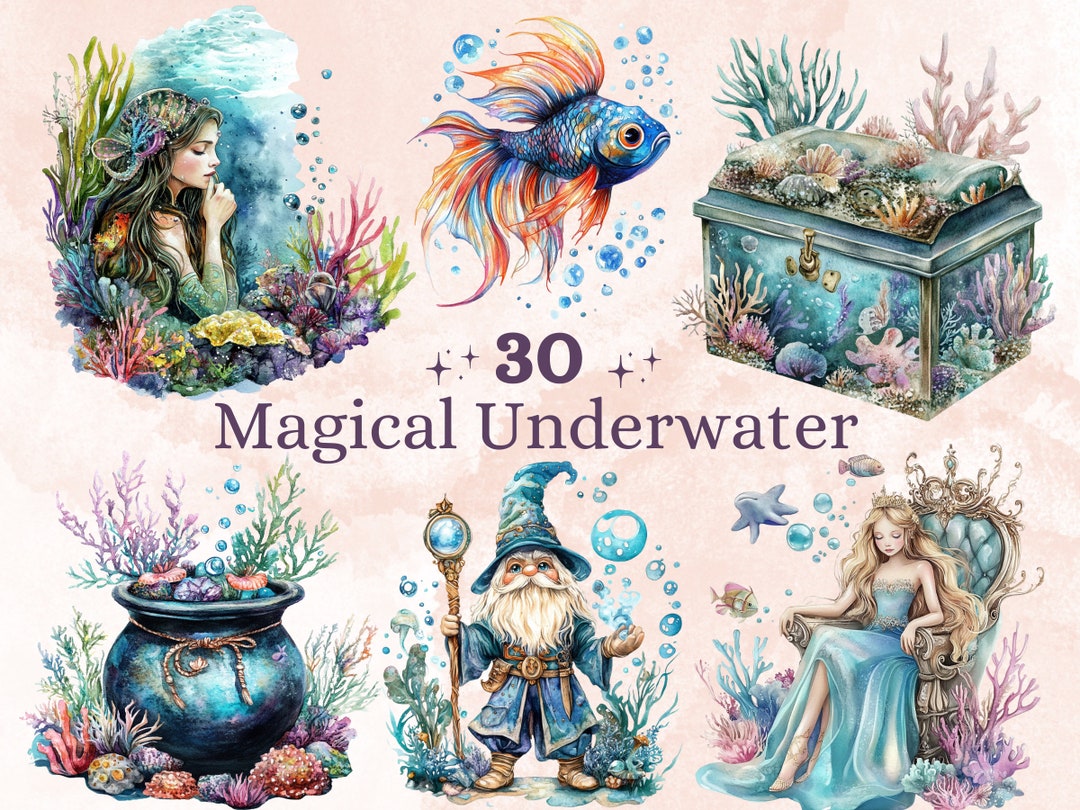 30 PNG Watercolor Magical Underwater Clipart, Ocean Fairytale Clip Art ...