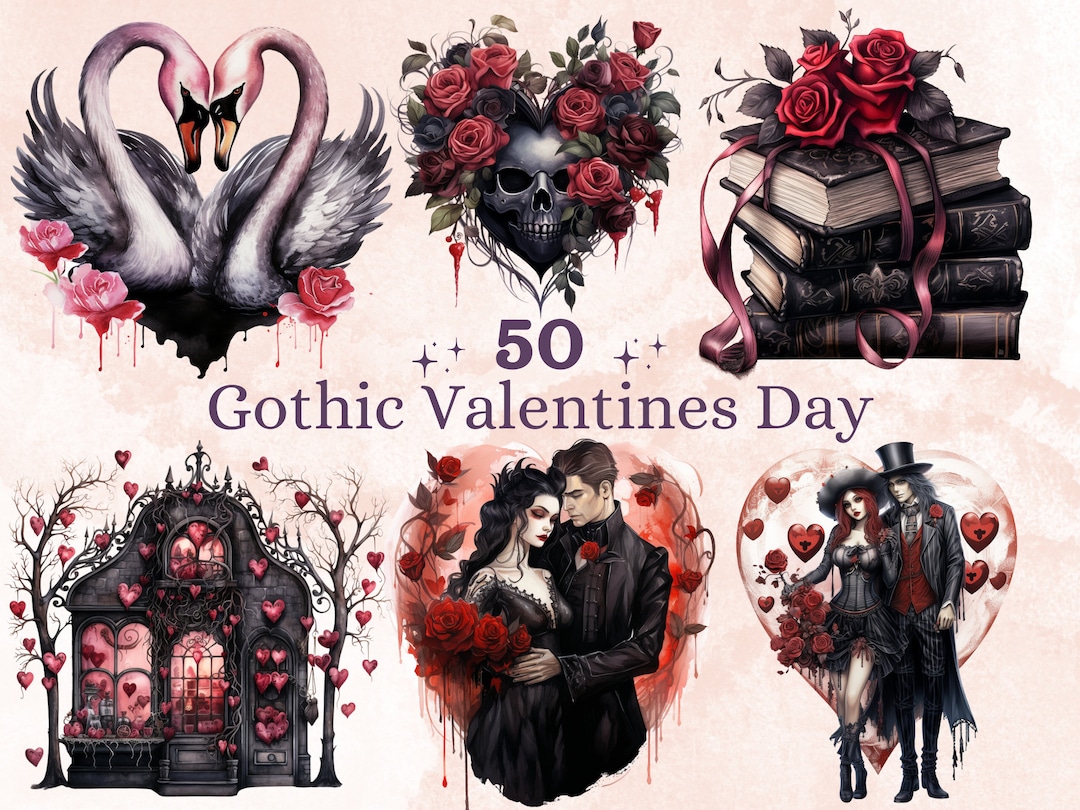 50 PNG Watercolor Gothic Valentine's Day Clipart, Creepy Valentines Day ...