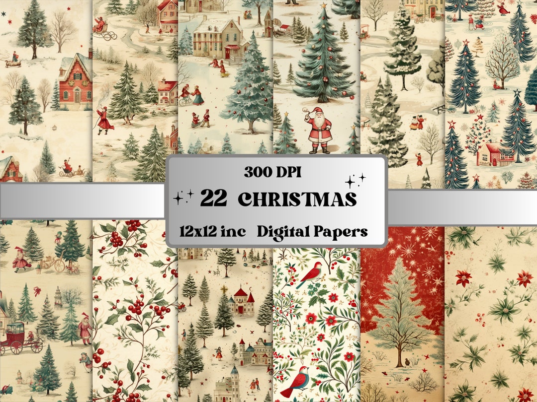 Printable Vintage Christmas Digital Paper, Christmas Ephemera, Fantasy ...