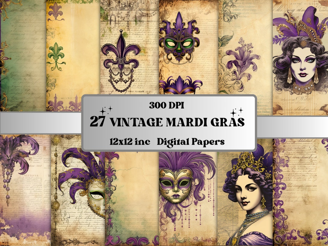 Printable Vintage Mardi Gras Digital Paper, Mardi Gras Shrove Ephemera ...