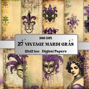 Printable Vintage Mardi Gras Digital Paper, Mardi Gras Shrove Ephemera ...