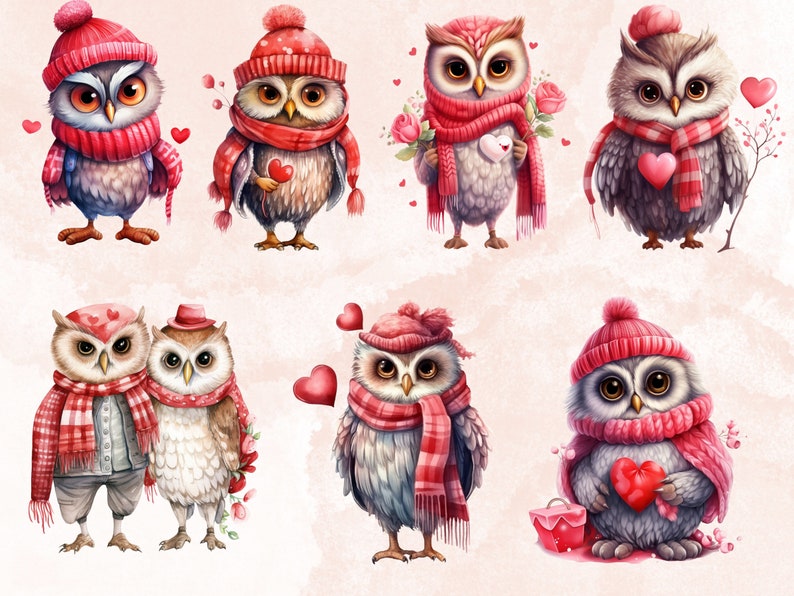 40 PNG Watercolor Valentine's Day Owls Clipart, Lovely Valentines Day ...