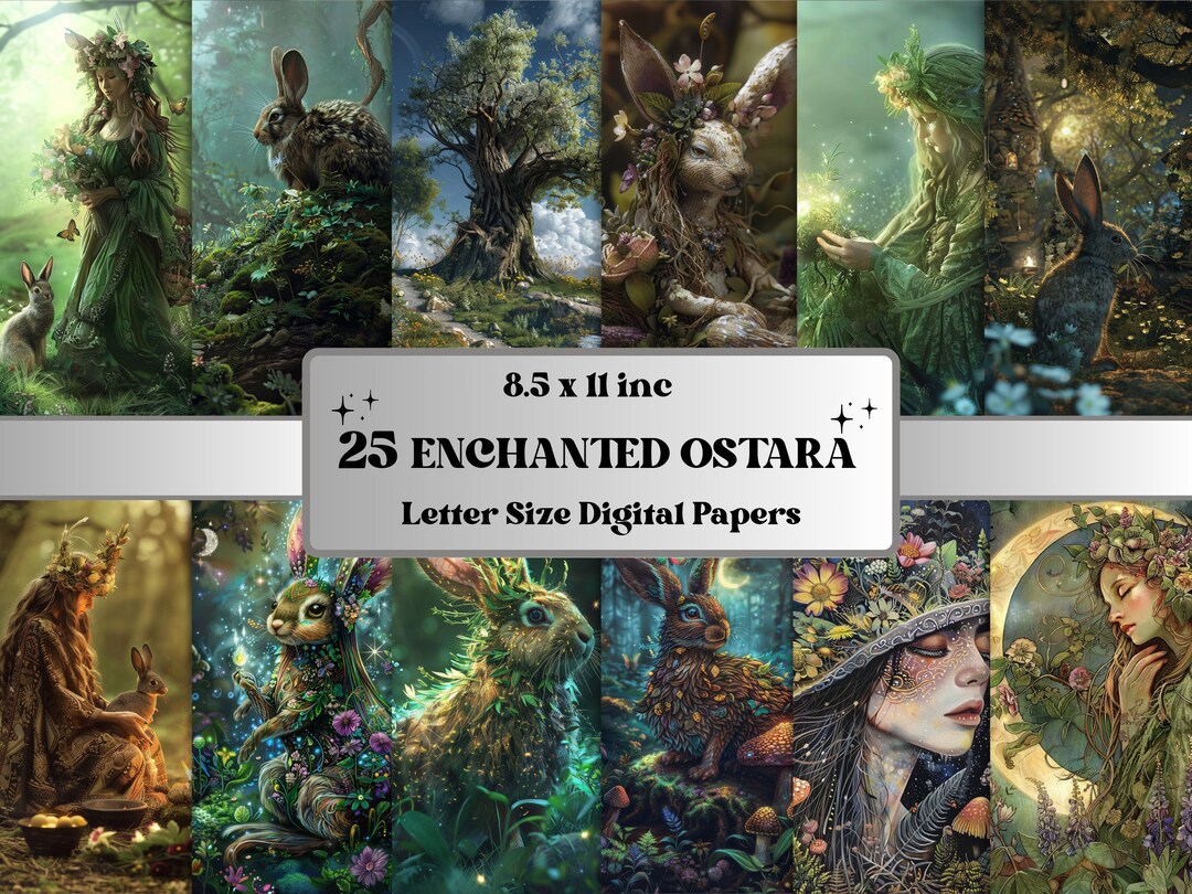 Printable Enchanted Ostara Digital Paper, Ostara Rabbit Ephemera ...