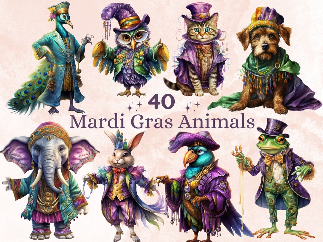 40 PNG Watercolour Mardi Gras Animals Clipart, Cute Masquerade ...