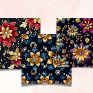 Seamless Royal Flowers Digital Paper, Jewelled Floral Seamless Pattern ...