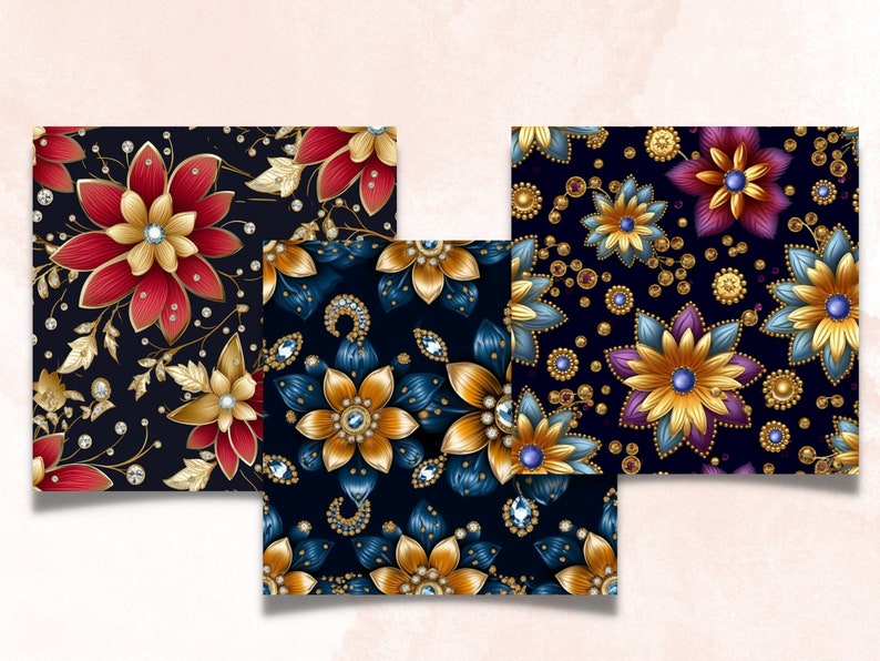 Seamless Royal Flowers Digital Paper, Jewelled Floral Seamless Pattern ...