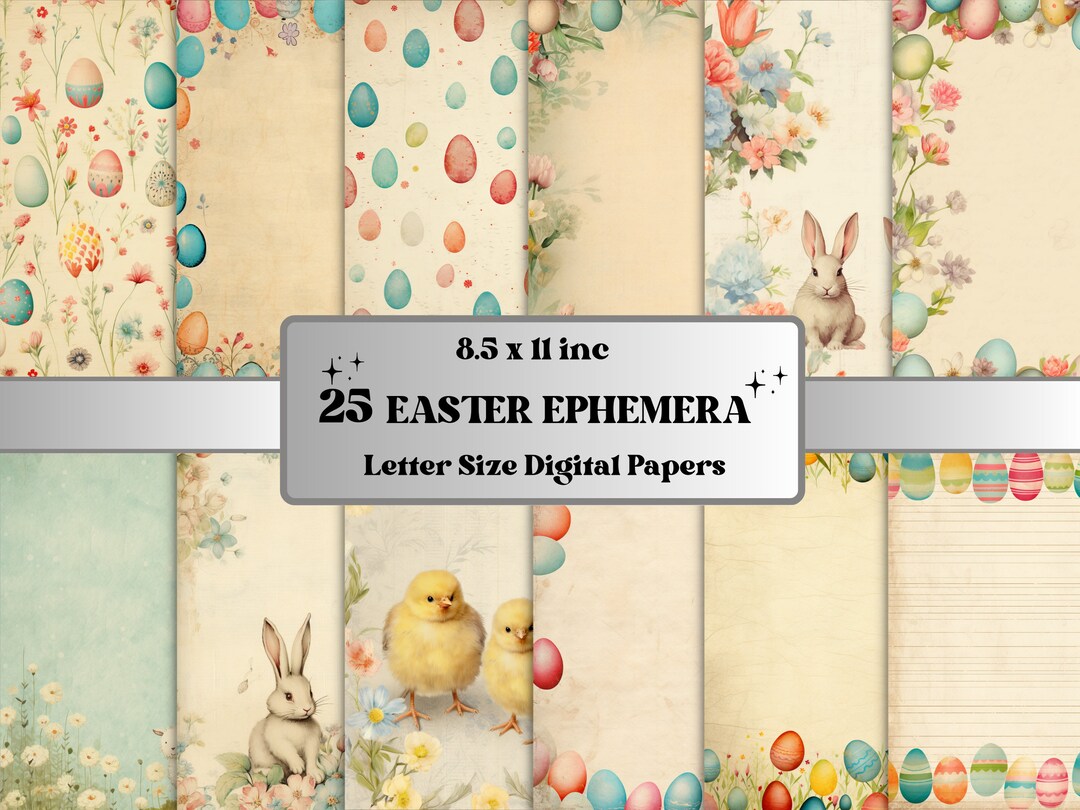 Printable Spring Easter Digital Paper, Nursery Bunny Ephemera Collage ...