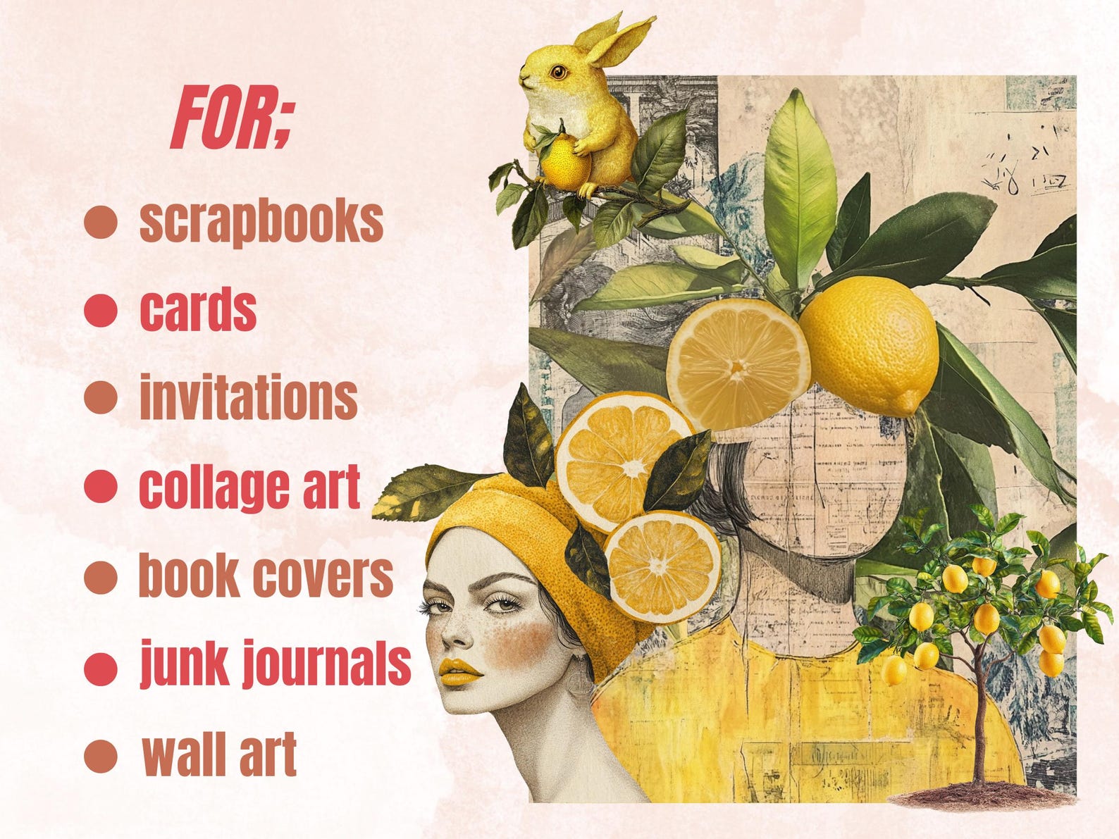 Whimsy Lemon Grove Collage Elements, Whimsical Lemon Fussy Cut, Surreal ...