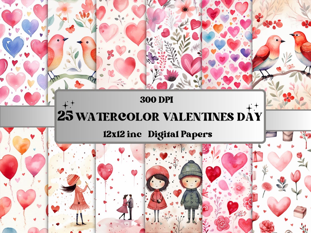 Printable Watercolor Valentine's Day Digital Paper, Romantic Valentine ...