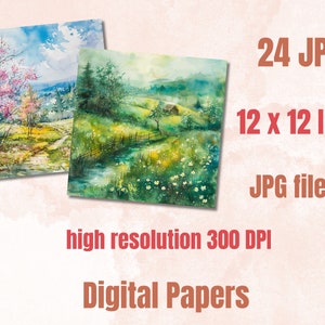 Printable Watercolor Spring Landscapes Digital Paper, Spring Woodland ...