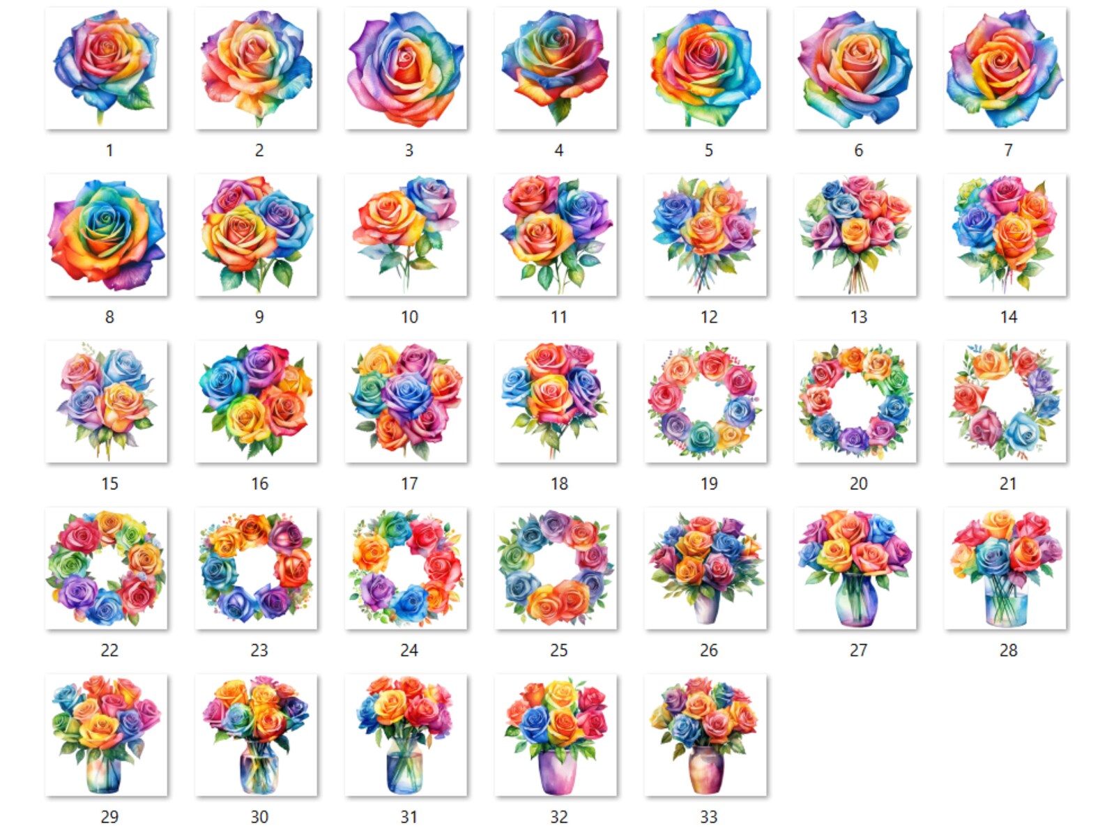 33 PNG Watercolor Rainbow Roses Clipart Bundle, Colorful Rose PNG Clip ...