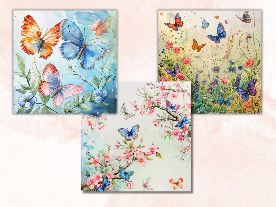 Watercolor Spring Butterflies Digital Paper, Floral Butterfly Junk ...