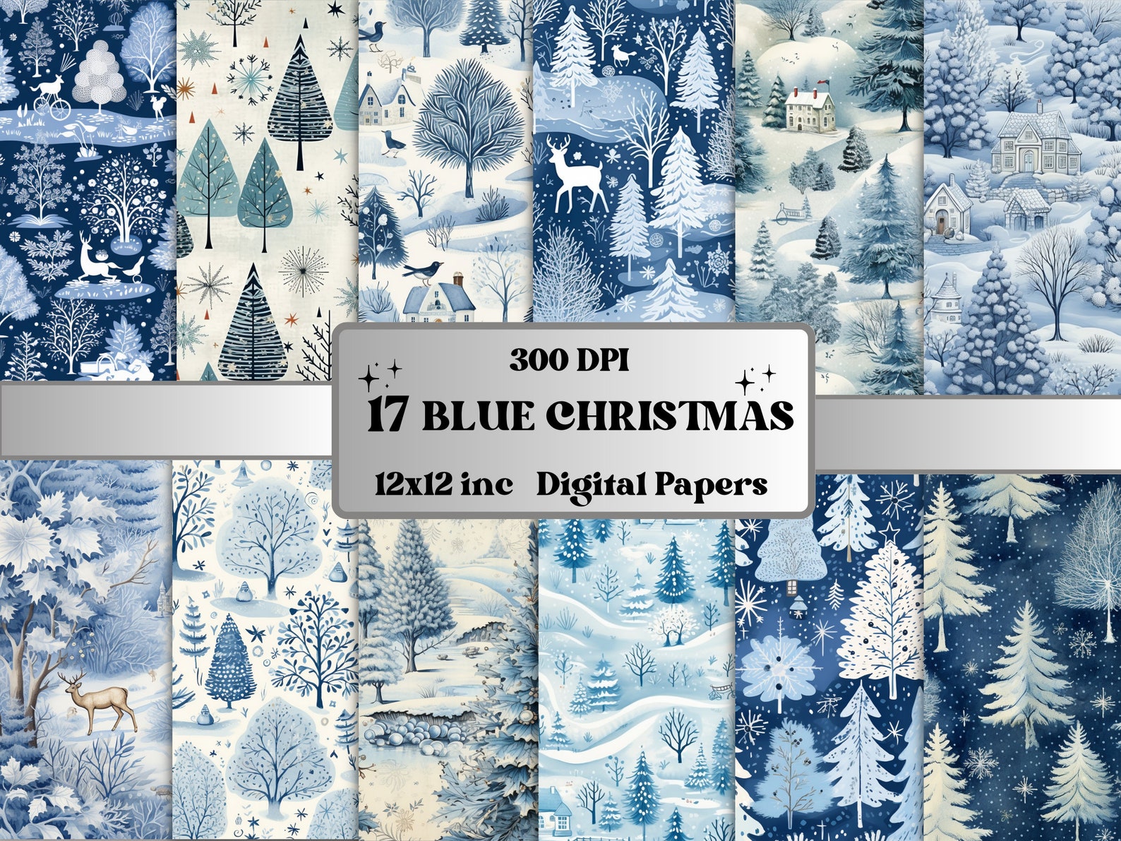 Printable Blue Christmas Digital Paper, Pastel Christmas Ephemera ...