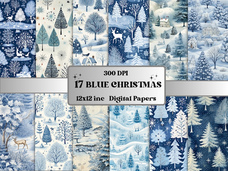 Printable Blue Christmas Digital Paper, Pastel Christmas Ephemera ...