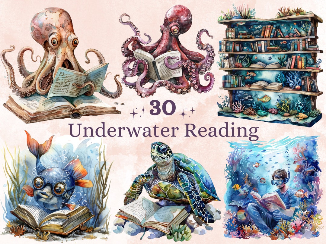 30 PNG Watercolor Under the Sea Reading Clipart, Ocean Books Clip Art ...