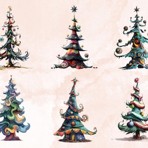 40 PNG Watercolor Whimsical Xmas Tree Clipart, Quirky Christmas ...