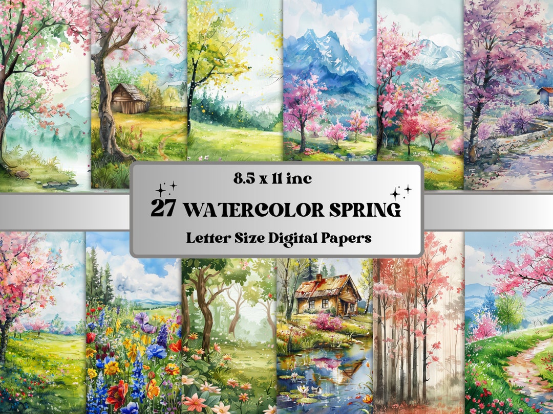Printable Watercolor Spring Digital Paper, Spring Scenes Ephemera ...