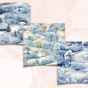 Seamless Winter Scenery Digital Paper Pack, Snowy Landscape Repeating ...