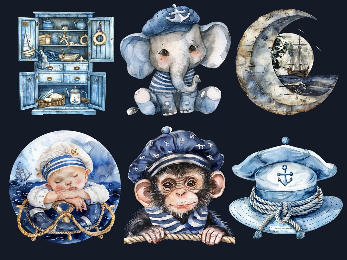 80 PNG Watercolor Nautical Nursery Clipart, Little Sailor Baby Shower ...
