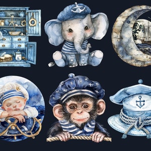 80 PNG Watercolor Nautical Nursery Clipart, Little Sailor Baby Shower ...