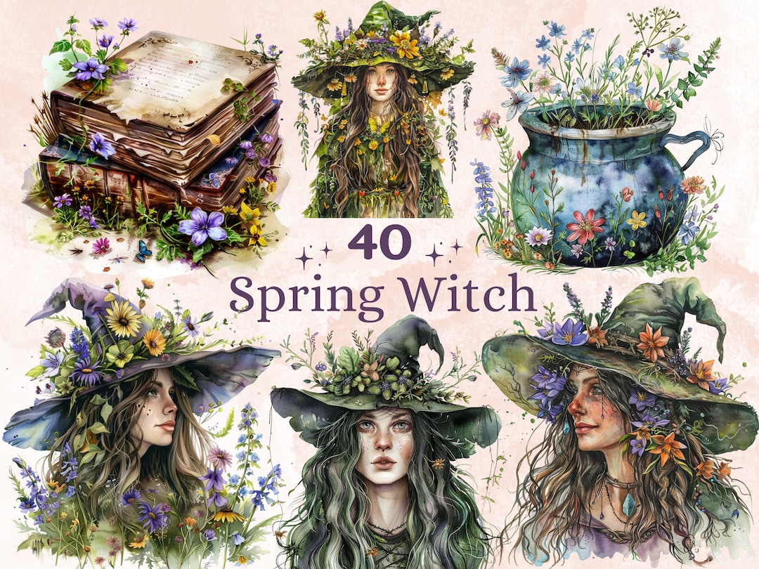 40 PNG Watercolor Spring Witch Clipart, Pagan Ostara Witch ...