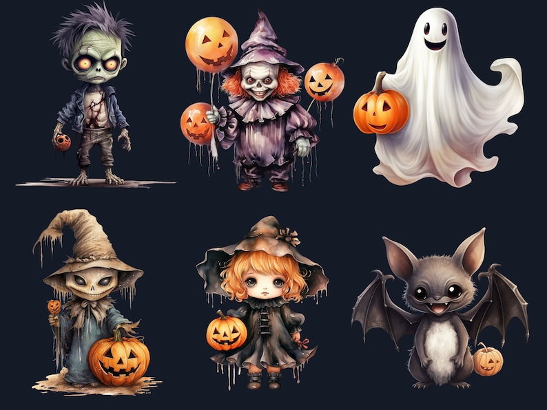 50 PNG Watercolor Cute Halloween Bundle Clipart, Kawaii Halloween ...