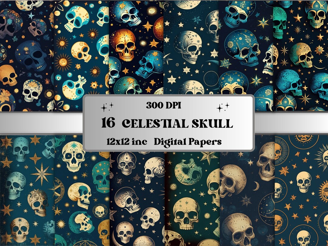 Vintage Celestial Skull Digital Paper, Celestial Skull Illustrations ...