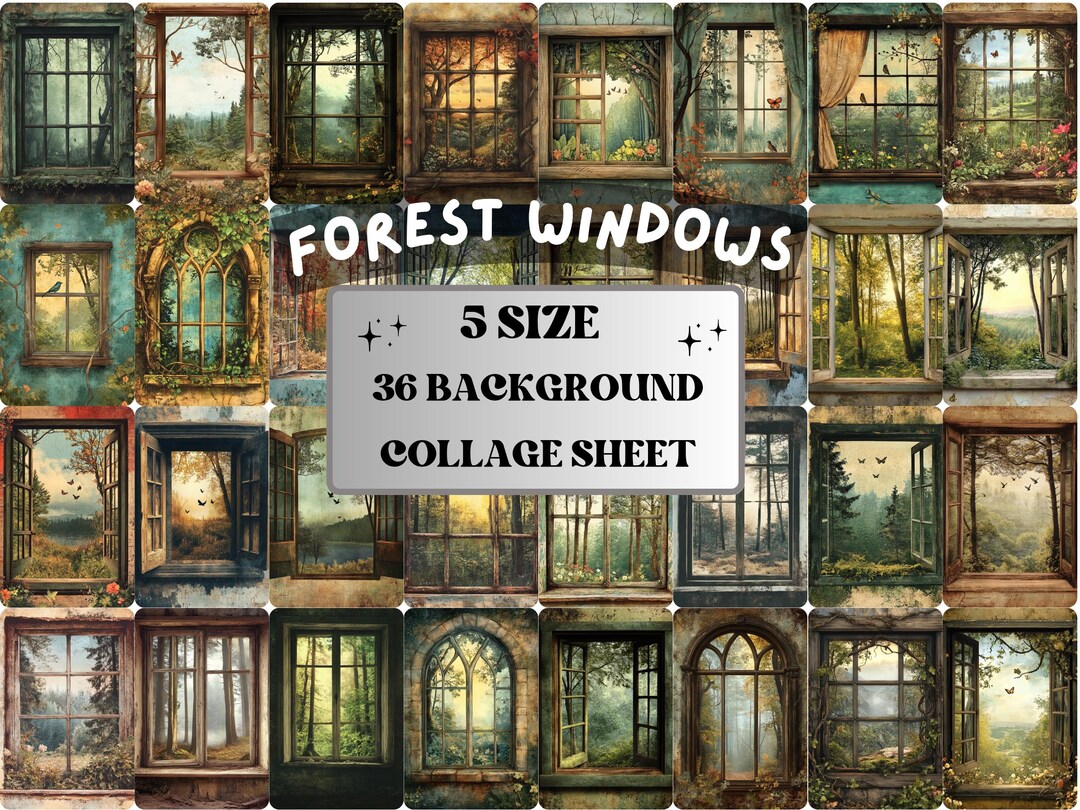 Forest Windows Collage Paper, Surreal Forest Mixed Media Art, Floral ...