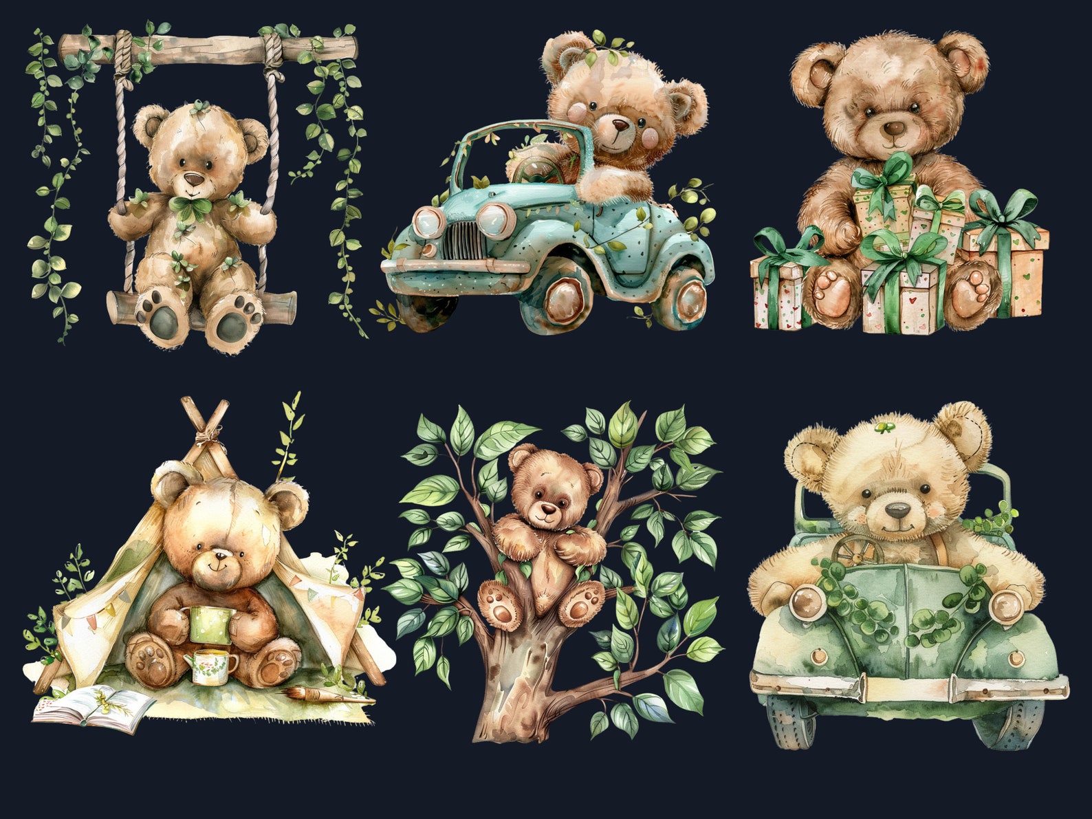 40 PNG Watercolor Green Teddy Bear Clipart, Boho Baby Shower ...