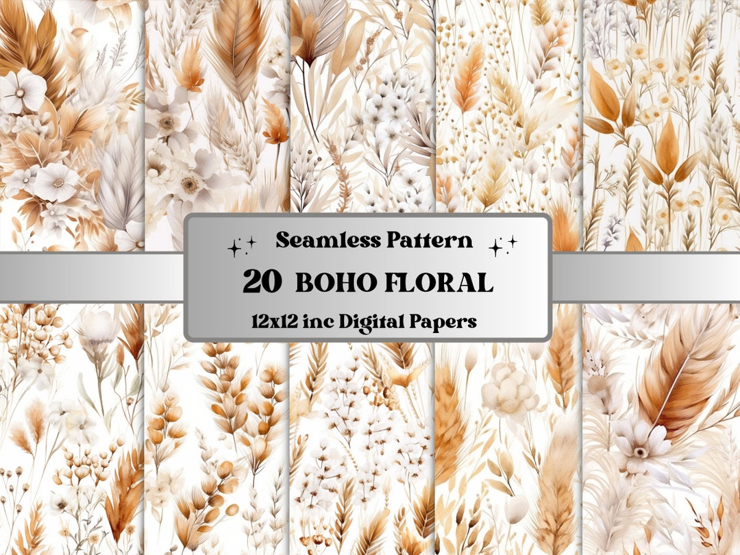 Seamless Boho Floral Digital Paper, Elegant Boho Flowers Seamless ...