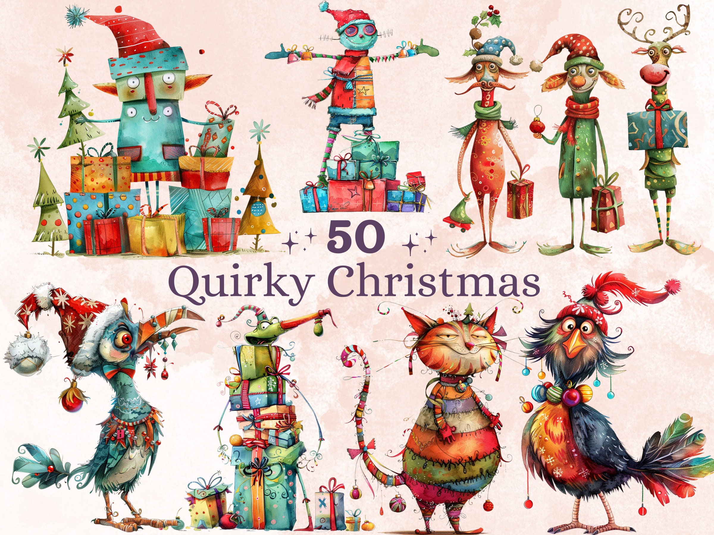 50 PNG Watercolor Quirky Christmas Bundle Clipart, Whimsical Christmas ...