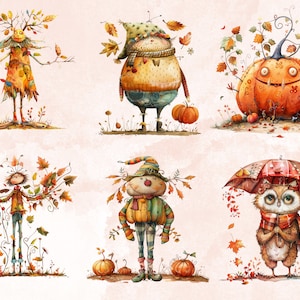 50 PNG Watercolor Quirky Autumn Bundle Clipart, Whimsical Fall Girl ...