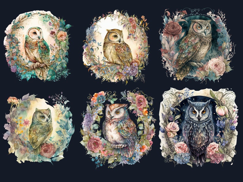 20 PNG Watercolor Floral Owls Clipart Owls Clip Art Fantasy - Etsy