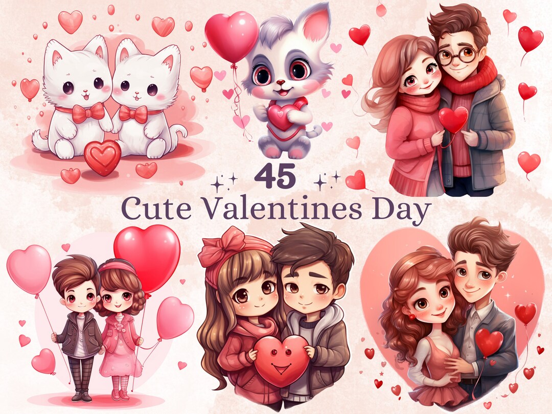 45 PNG Watercolor Cute Valentine's Day Clipart, Kawaii Valentines Day ...