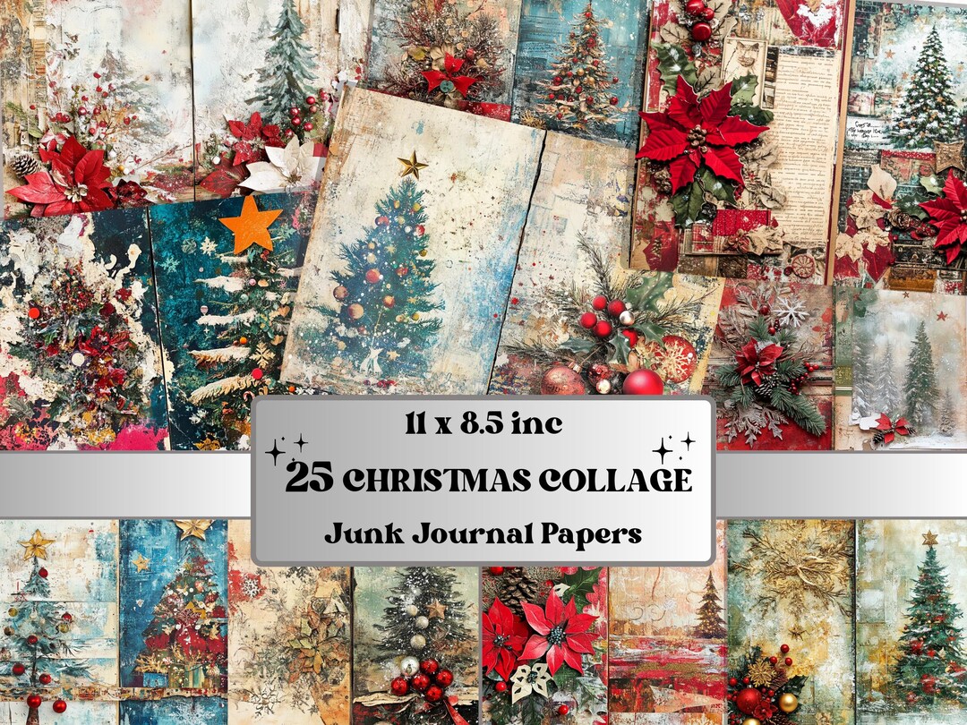 Collage Christmas Junk Journal Paper, Double Xmas Pages Ephemera Kit ...