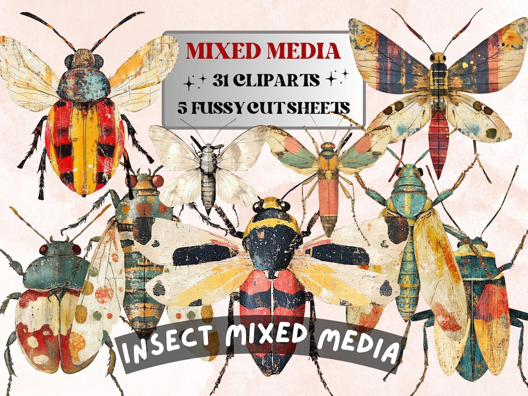 Whimsical Insect Mixed Media Clipart, Whimsy Bug Fussy Cut Collage ...