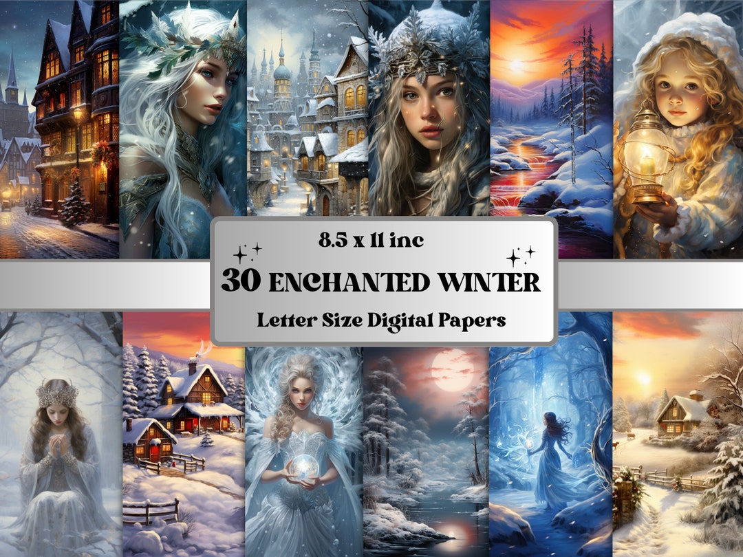 Printable Enchanted Winter Digital Paper, Cozy Winter Scenes Background ...