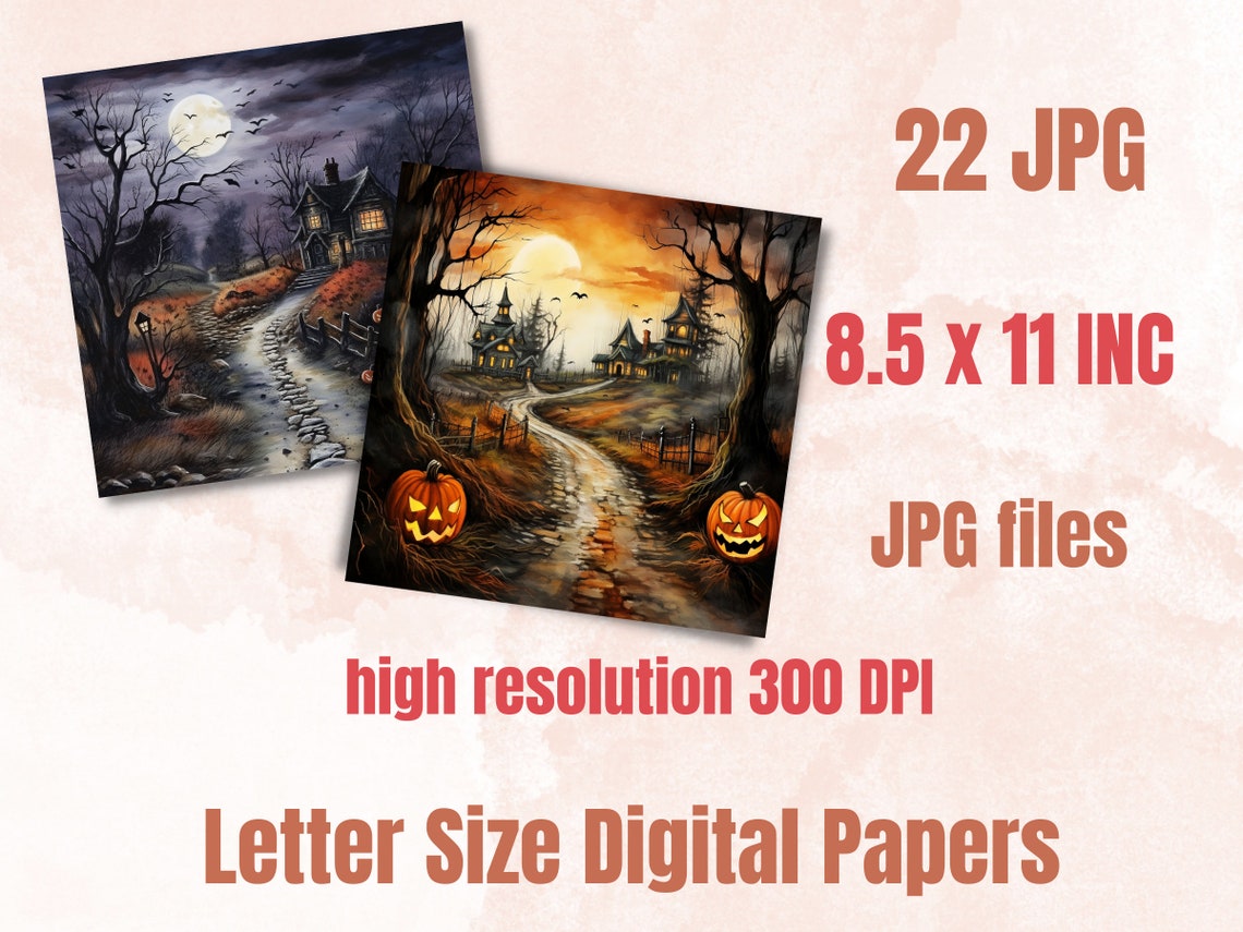 Printable Halloween Landscape Digital Paper, Watercolor Halloween ...