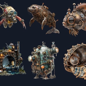 40 PNG Watercolor Steampunk Underwater Clipart, Ocean Steampunk Clip ...