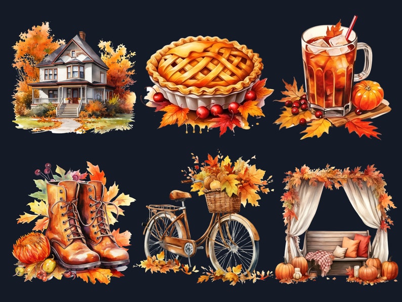 90 PNG Watercolor Fall Big Bundle Clipart, Rustic Autumn Illustrations ...